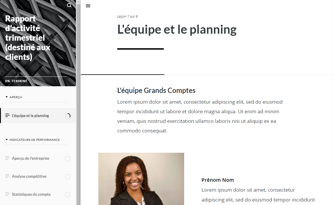 Rise 360 : Modèle de rapport d'activité trimestriel - Articulate